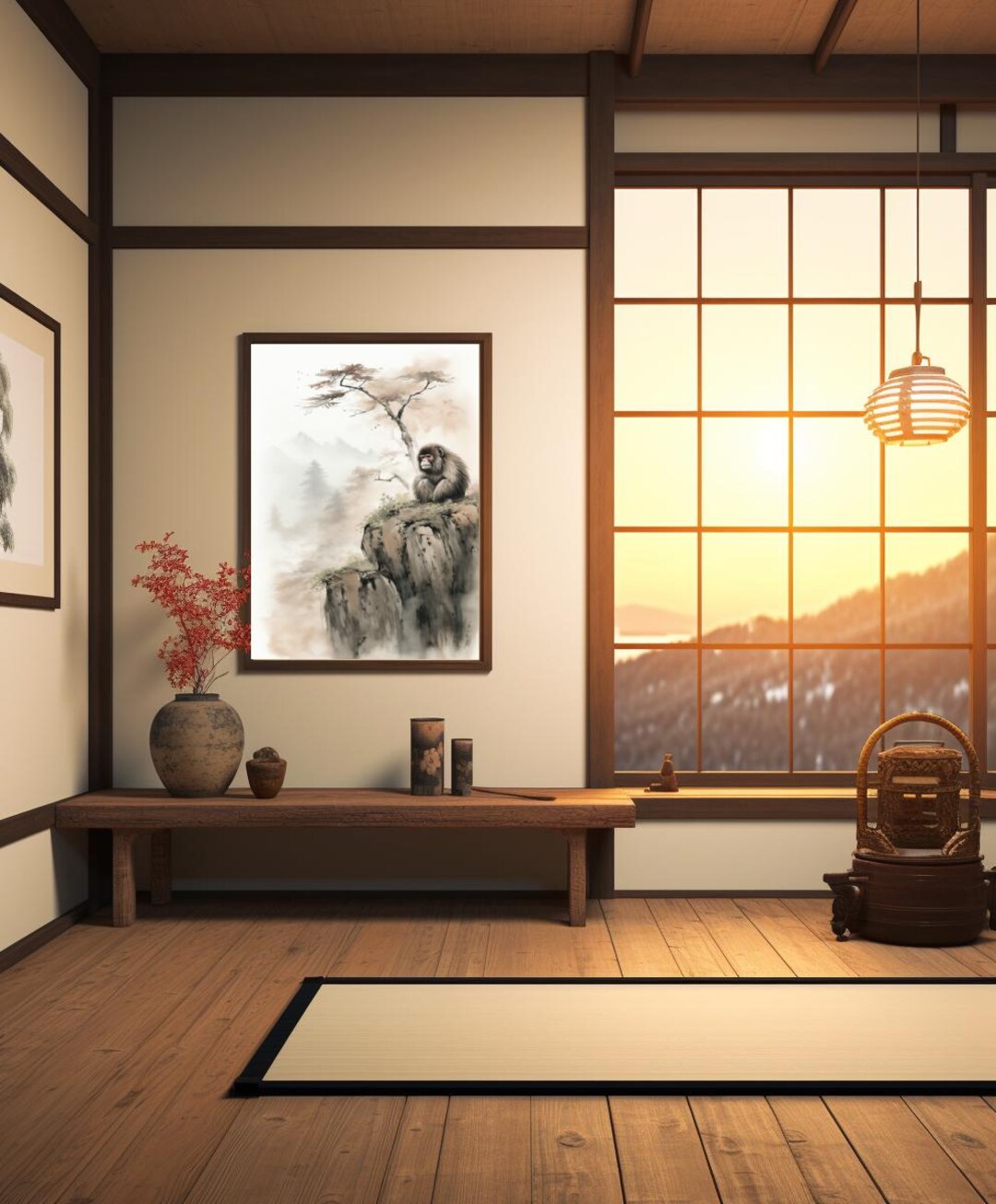 Japanese Macaque, Japanese Ink Painting, Zen Home Decor, Wabi-sabi ...