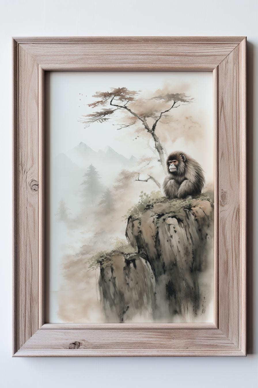 Japanese Macaque, Japanese Ink Painting, Zen Home Decor, Wabi-sabi ...