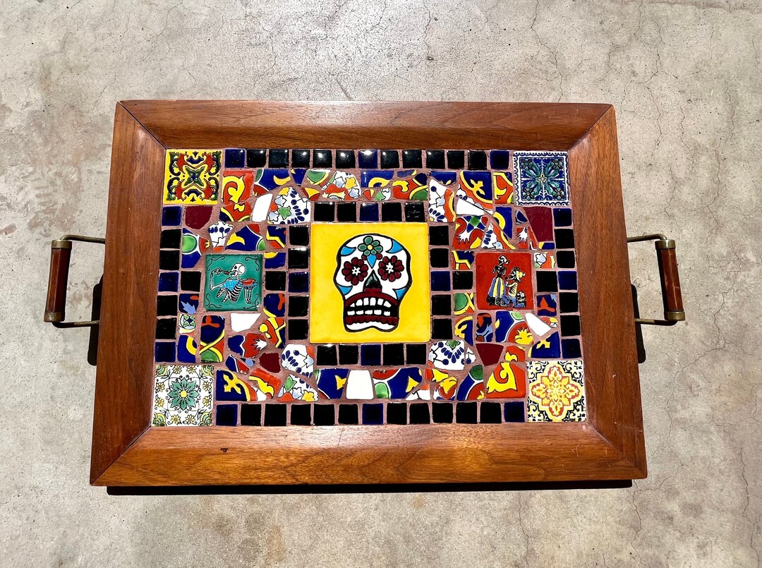 DAY of the DEAD Mosaic Tiled Wood Serving TRAY W/ Brass Handles ...