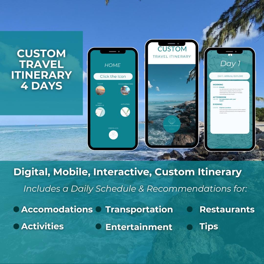 Custom Travel Itinerary, 4 Day Custom Trip Itinerary, Digital Travel ...