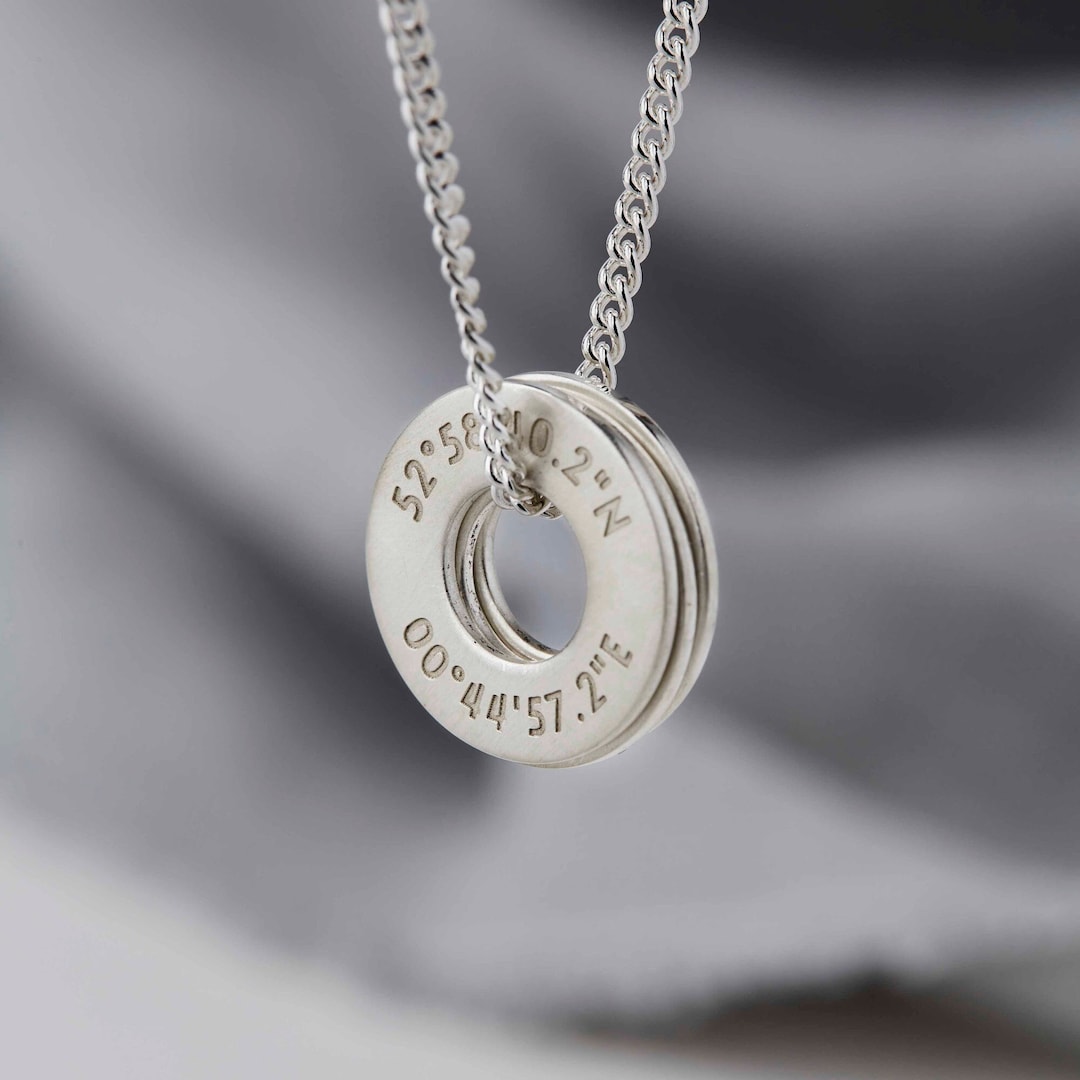 Personalised Sterling Silver GPS Necklace - Custom Engraved Coordinates ...