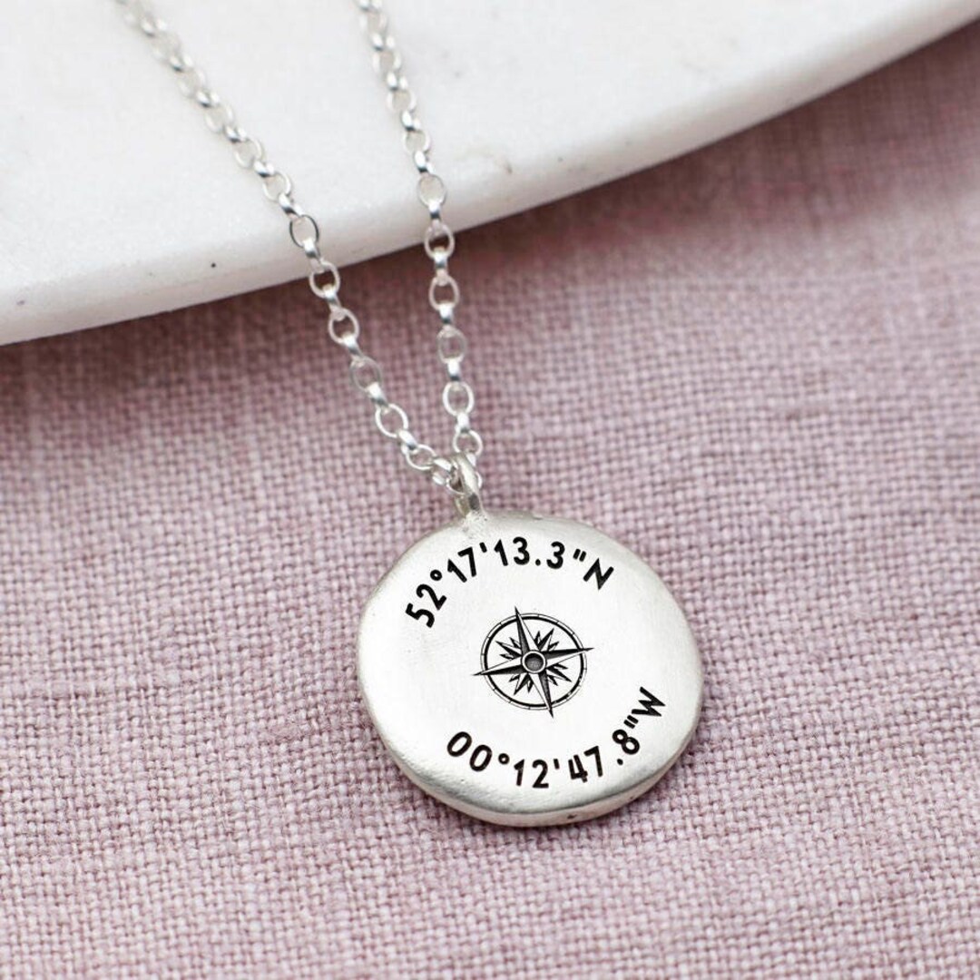 Custom Coordinates Silver Necklace, Personaliszed Engraved Coordinate ...