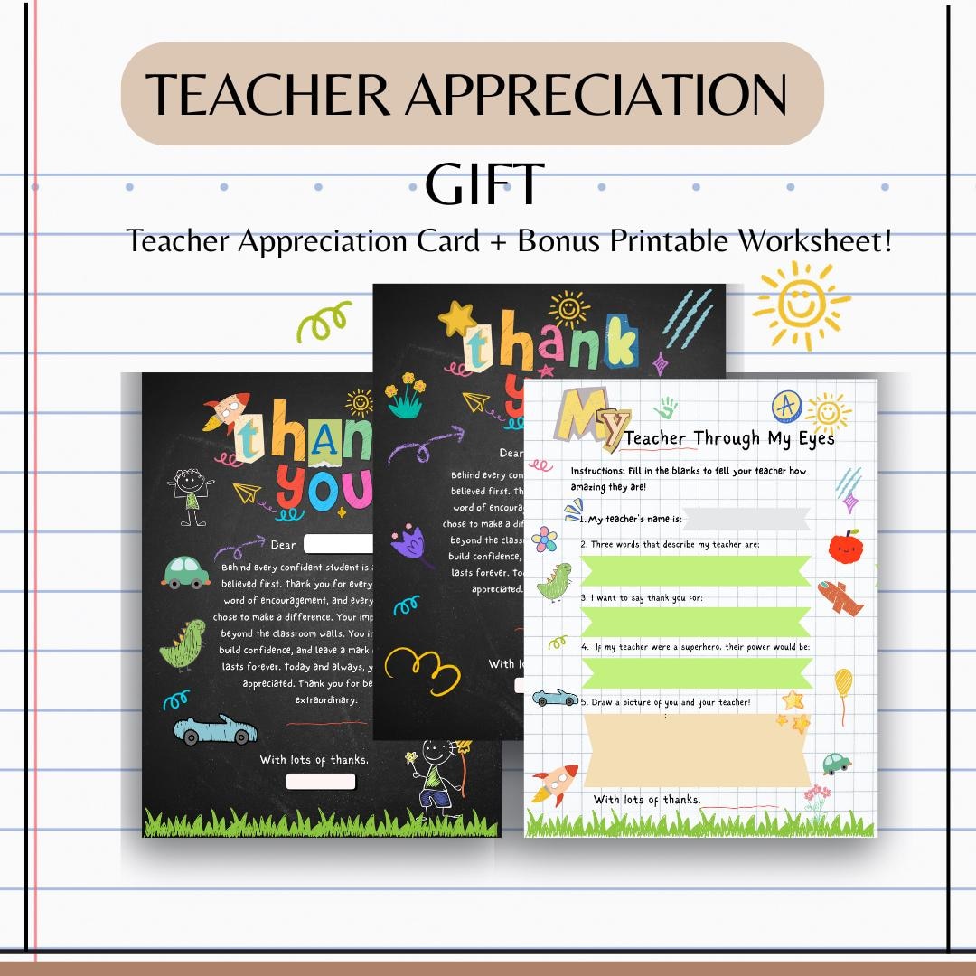 Teacher Appreciation Card & Kids Worksheet: Printable Thank You Gift ...