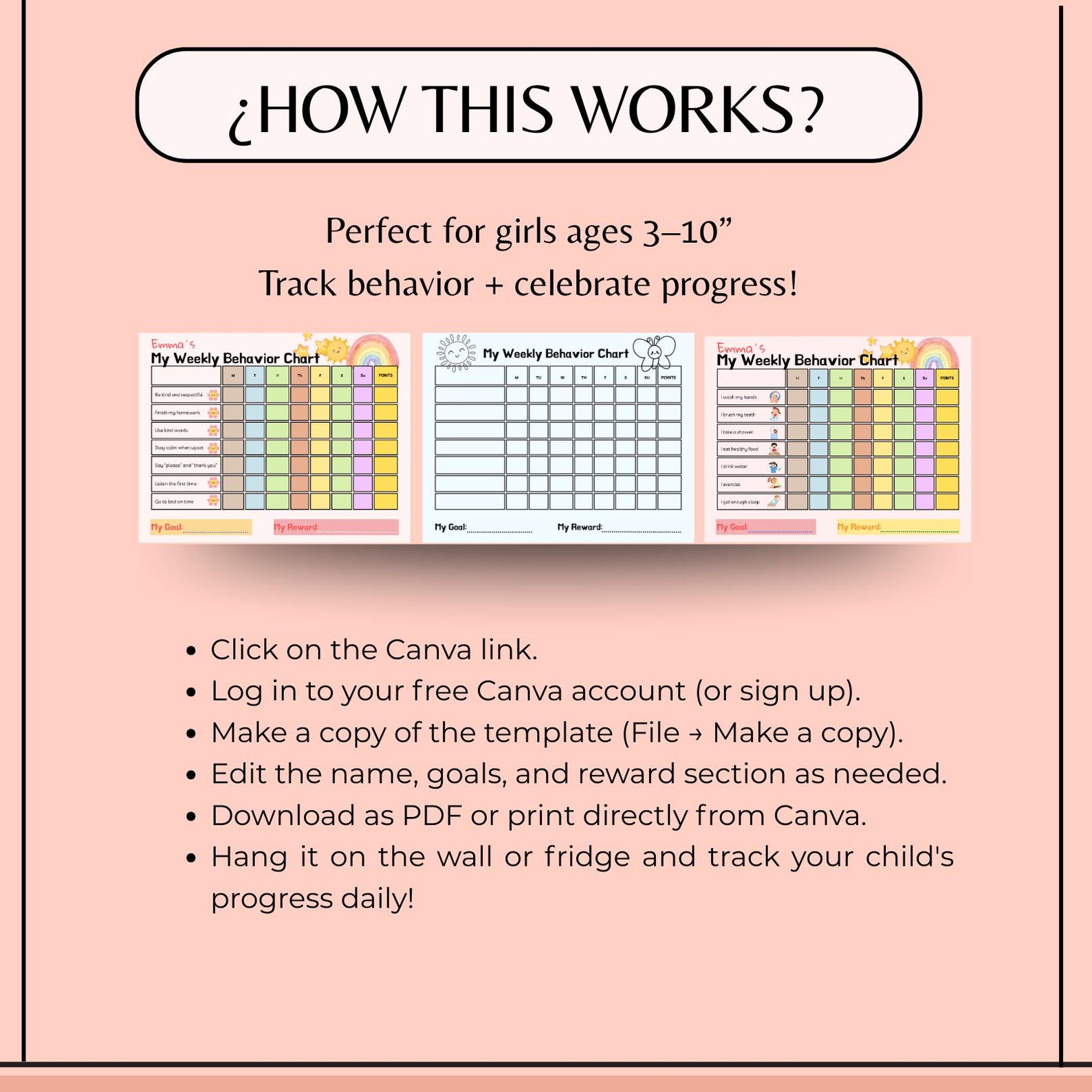 Rainbow Behavior Chart for Girls: Editable Weekly Reward Chart (digital ...