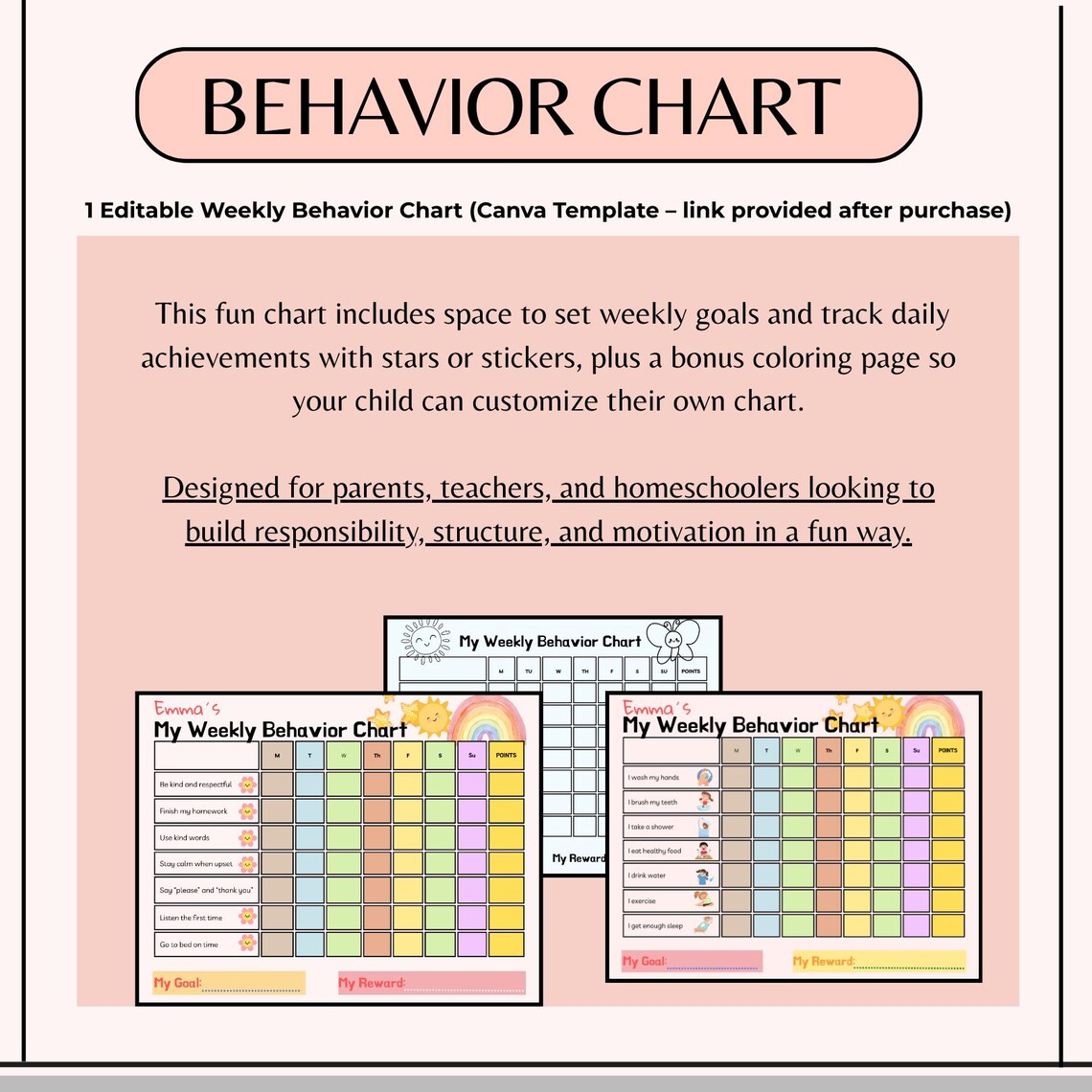 2 Editable Rainbow Behavior Charts for Girls in Canva + Bonus Coloring ...