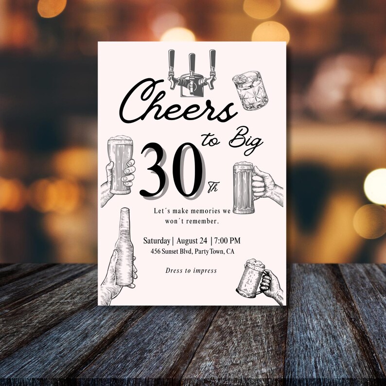 Cheers to Male 30th Birthday Invitation, Editable Digital Invite, Beer ...