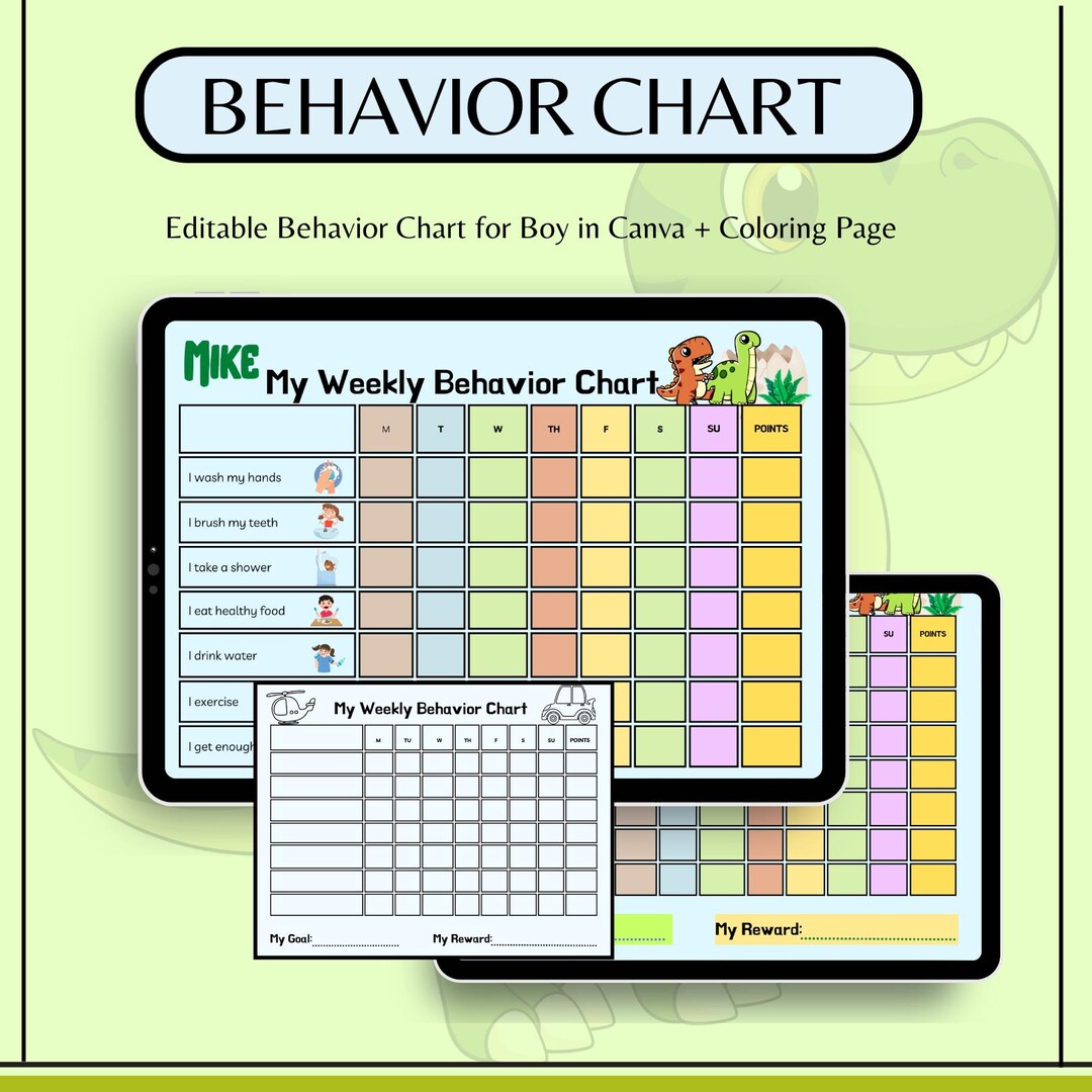 2 Editable Dinosaur Behavior Charts for Boy in Canva + Bonus Coloring ...