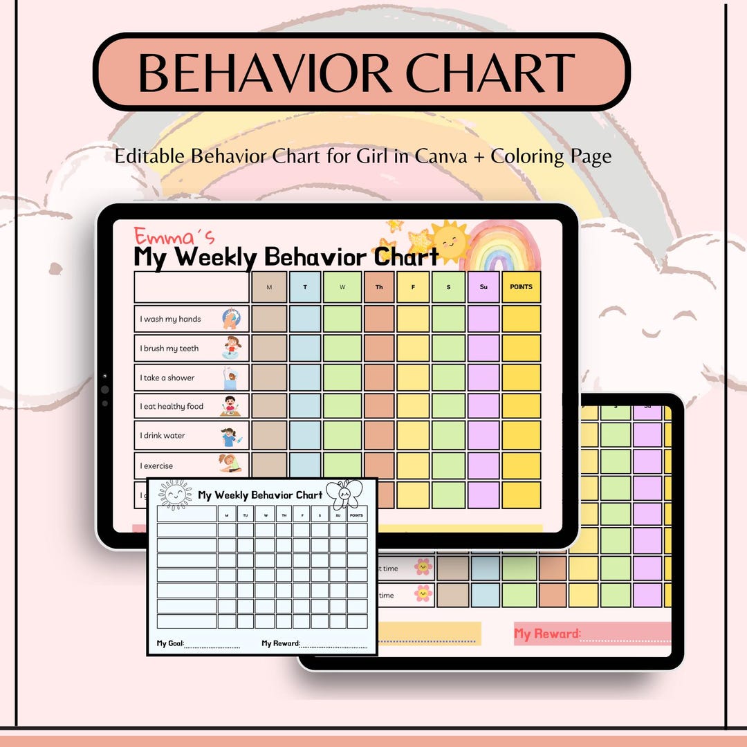 2 Editable Rainbow Behavior Charts for Girls in Canva + Bonus Coloring ...