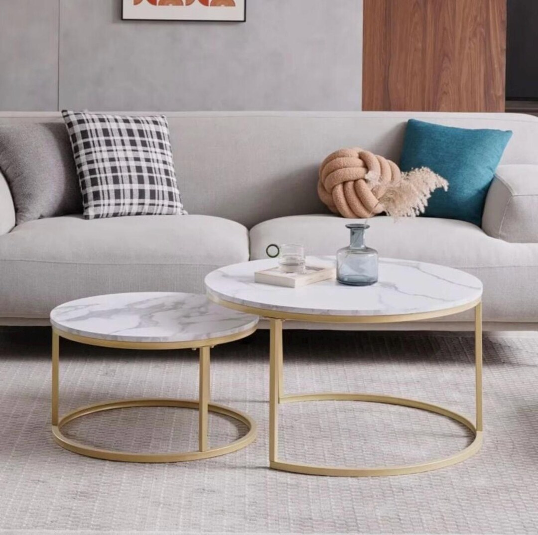 Wokaka Round Coffee Table Nesting Table 2 Pieces Side Table, Marbled ...