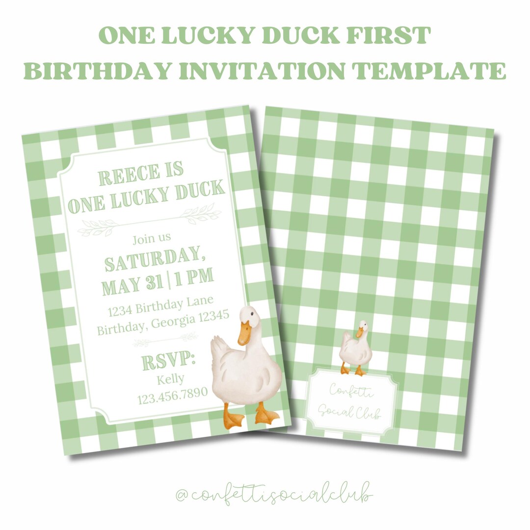 Invitación de primer cumpleaños de un pato afortunado, invitación de ...