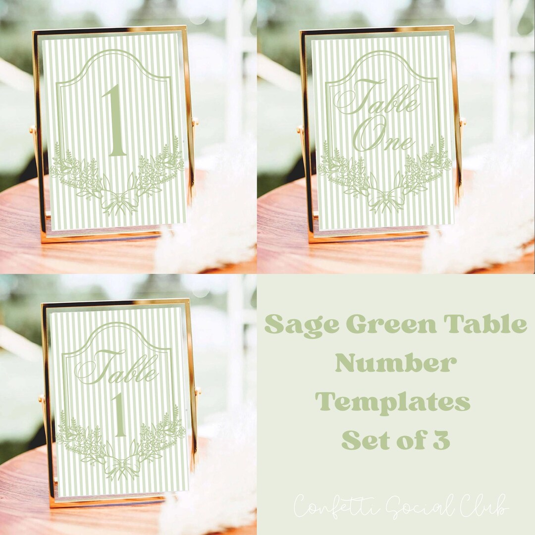 Sage Green Table Number Templates, Wedding Table Number Templates ...