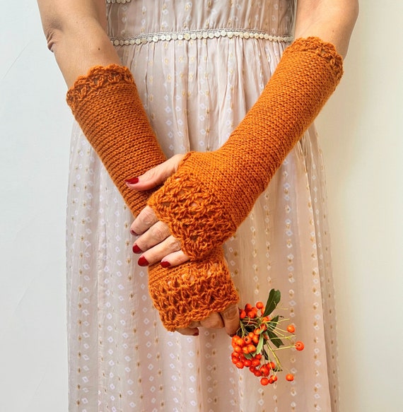 buy low price Hand Knitted Fingerless Mittens Gloves Orange Purple ...