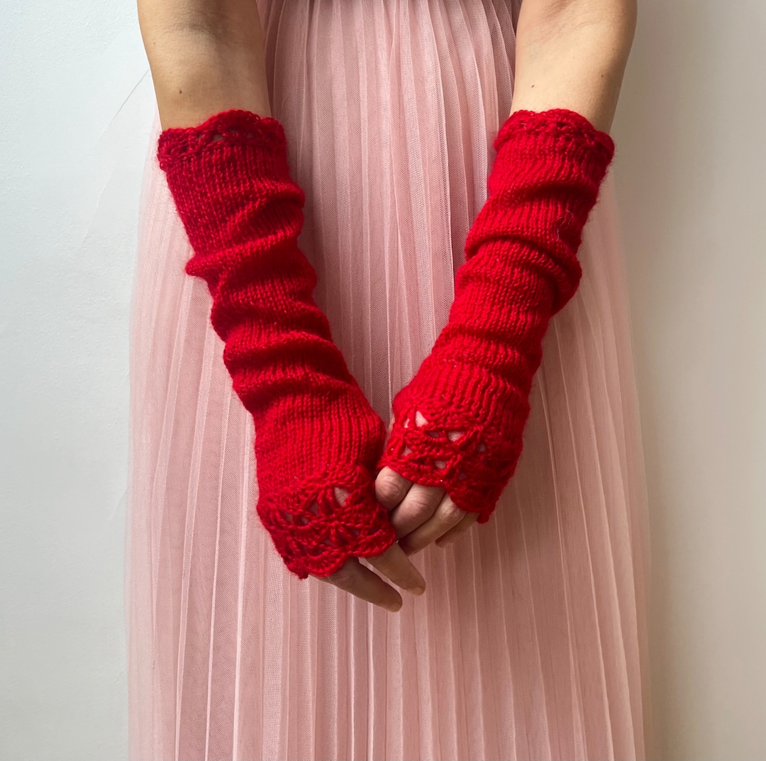 Red Fingerless Gloves, Long Red Gloves, Red Arm Warmers, Winter Gloves ...