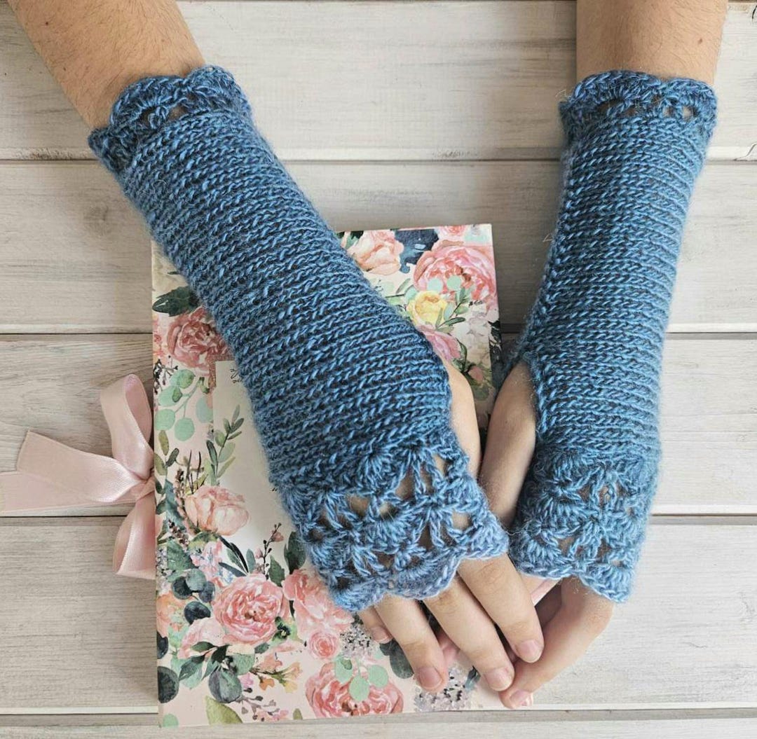 Blue Fingerless Gloves, Blue Wrist Warmers, Crochet Gloves, Fingerless ...