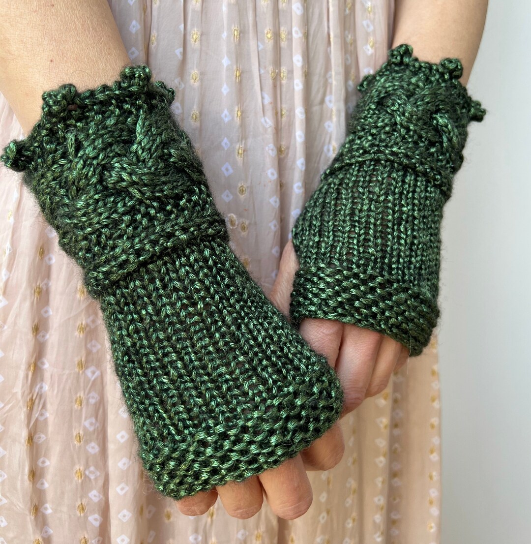 Green Fingerless Gloves, Green Arm Warmers, Cottage Gloves, Winter Knit ...