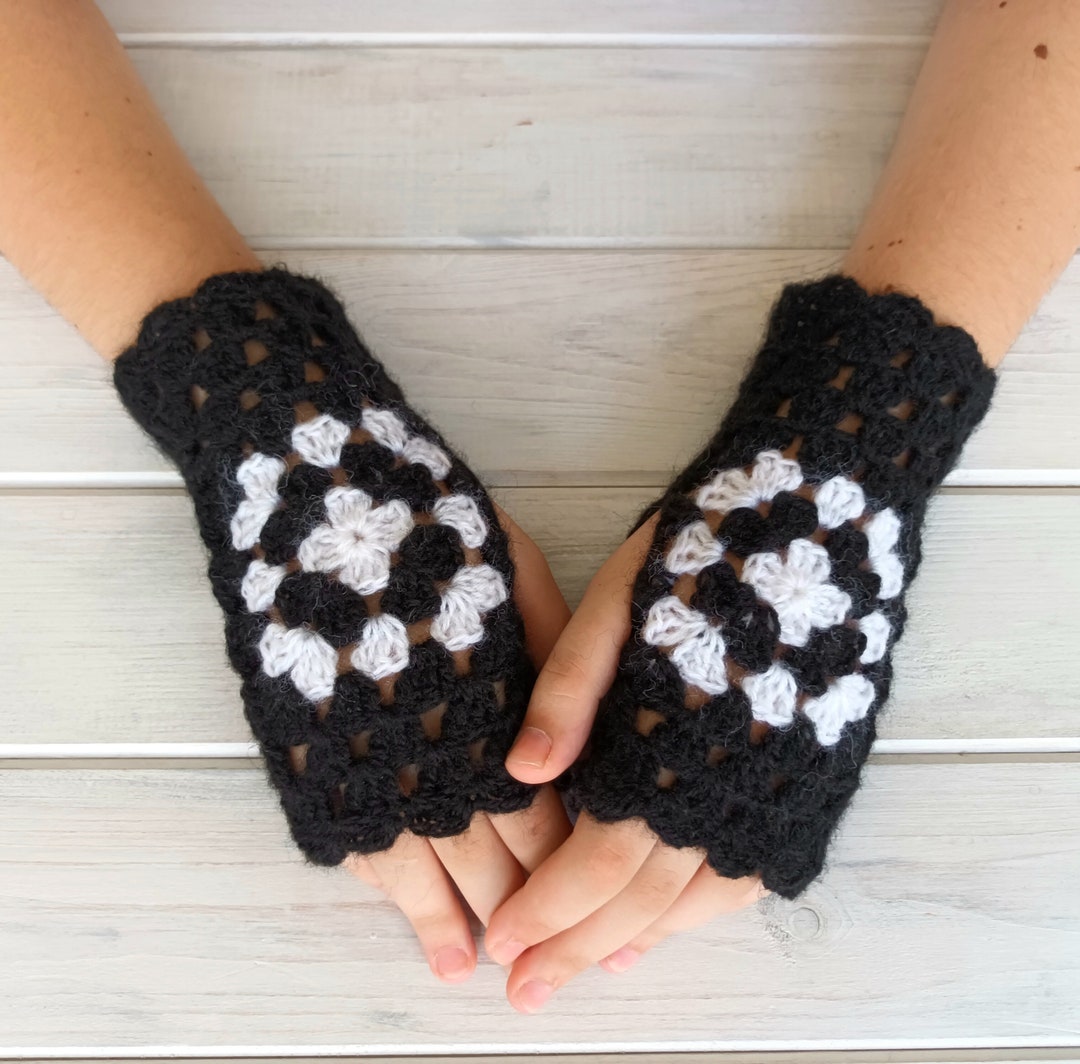 Black White Gloves, Fingerless Gloves, Granny Square Gloves, Arm ...