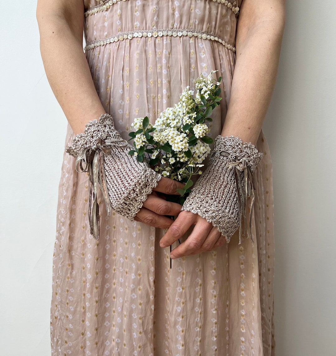 Beige Gloves, Bridal Gloves, Crochet Gloves, Fingerless Arm Warmers ...