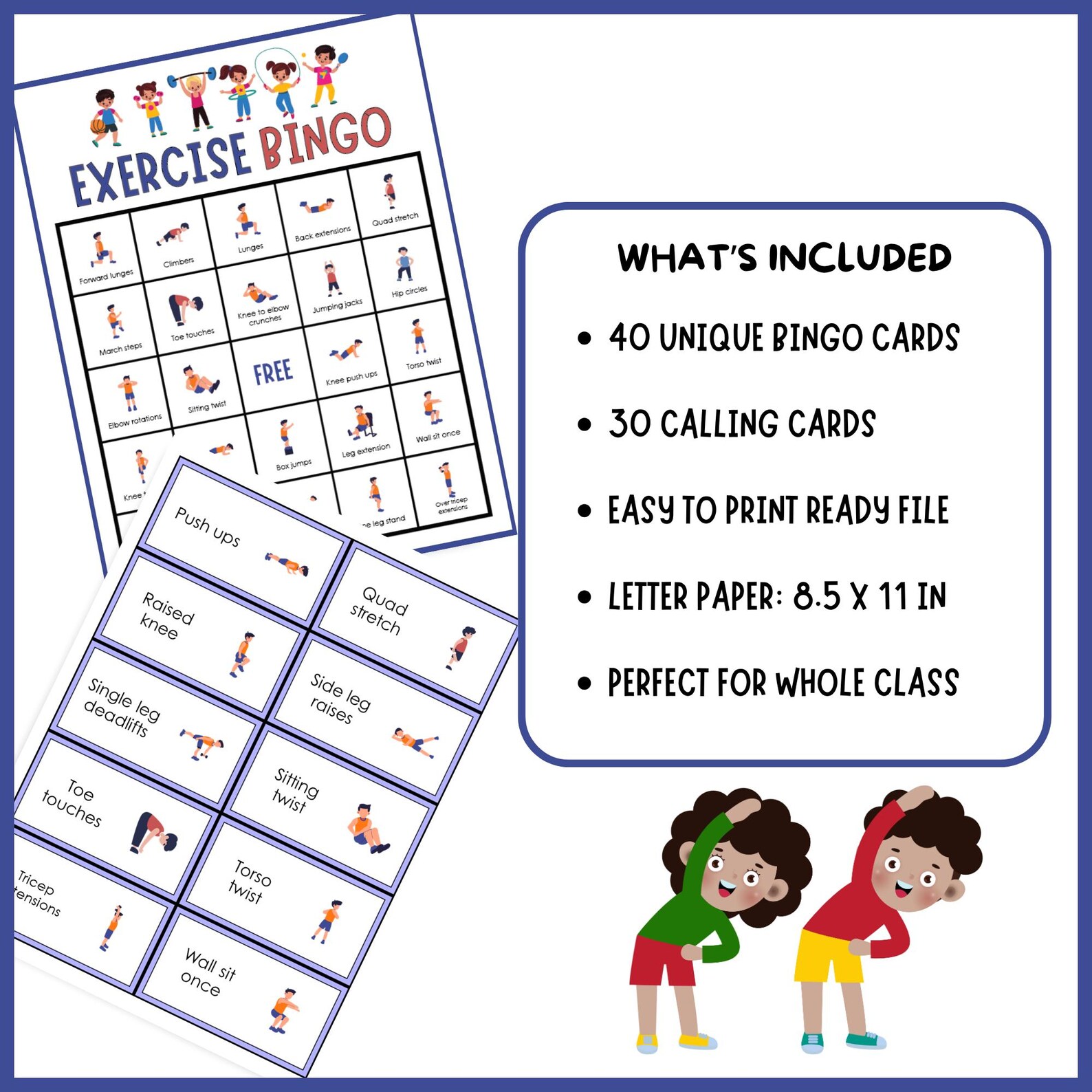 Exercise Fitness Bingo Game: Kids Workout Life Skills Health Physical ...