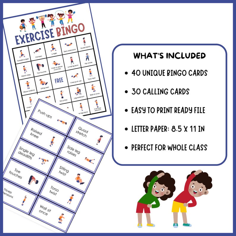 Exercise Fitness Bingo Game: Kids Workout Life Skills Health Physical ...