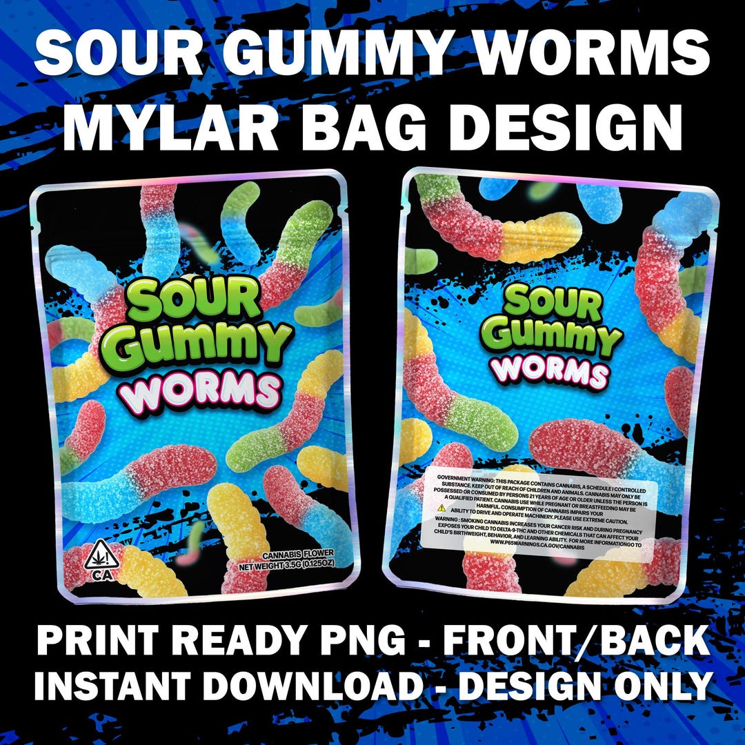 Mylar Bag Design – Sour Gummy Worms – 3.5g Packaging – PNG – Strain ...