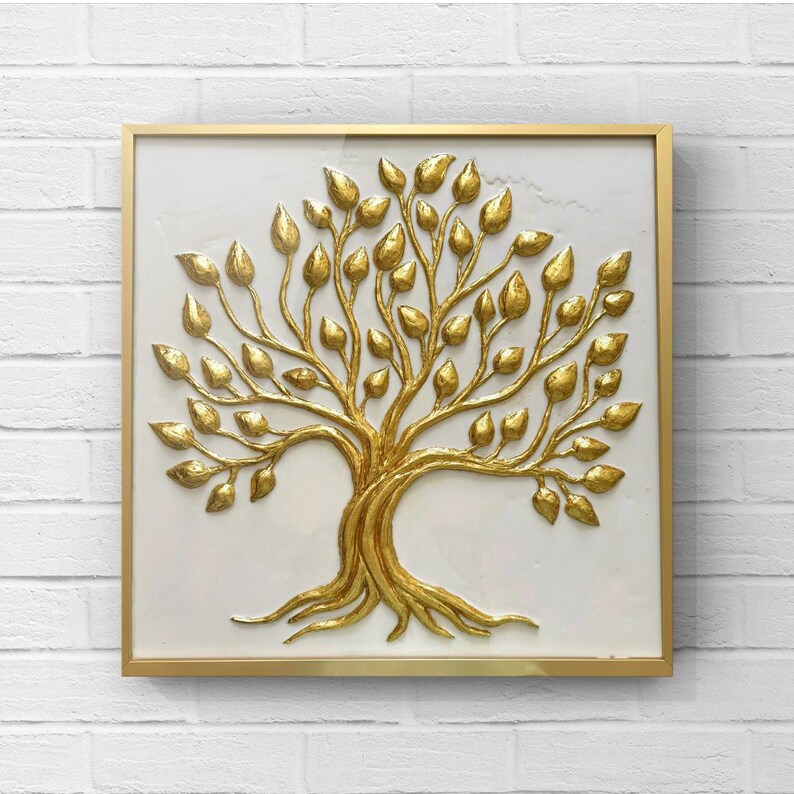 Handmade Gold Leaf Textured 3D Tree Painting Resin Modern Organic Wall ...