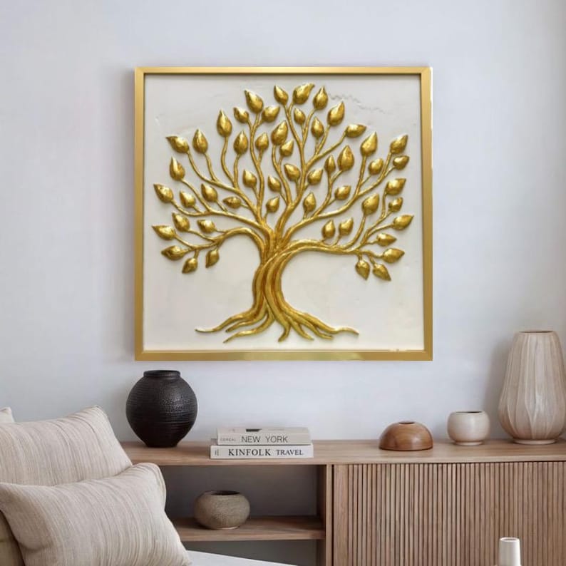 Handmade Gold Leaf Textured 3D Tree Painting Resin Modern Organic Wall ...