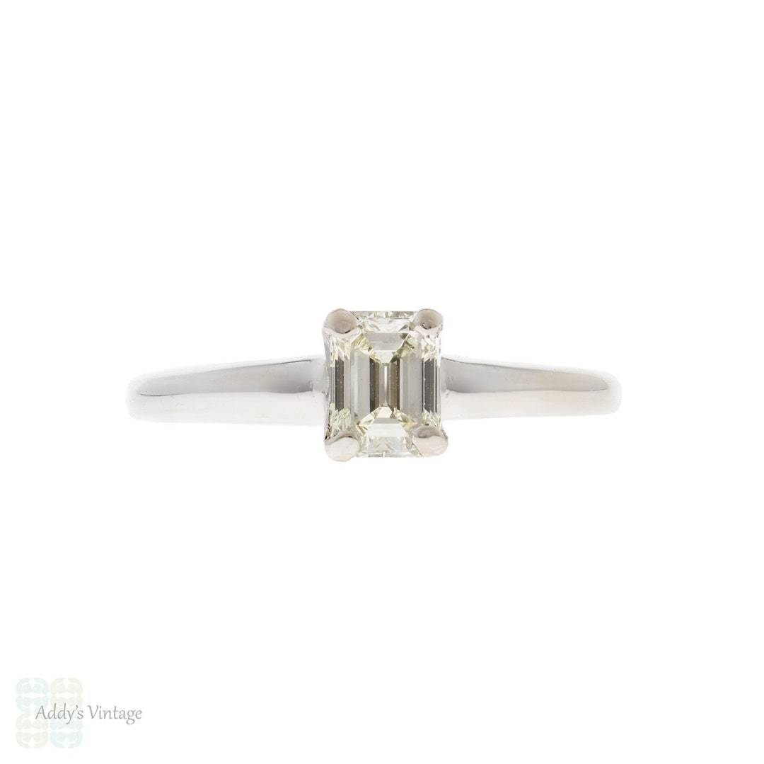 Vintage Emerald Cut Diamond Engagement Ring, Fluted 14k 14ct White Gold ...