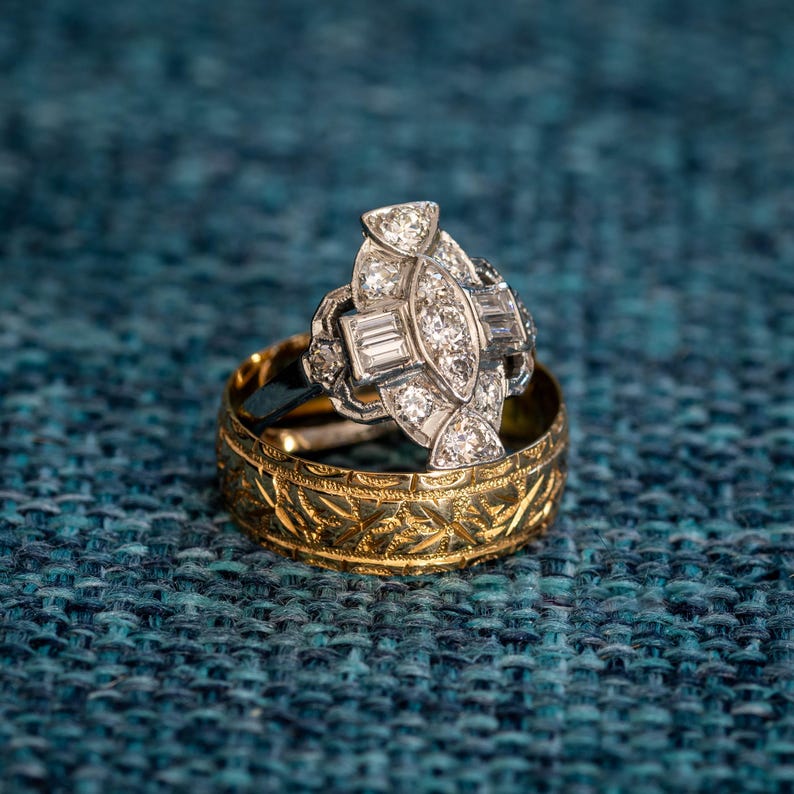 Art Deco Platinum Diamond Cocktail Ring With Baguettes, 0.60ctw. - Etsy
