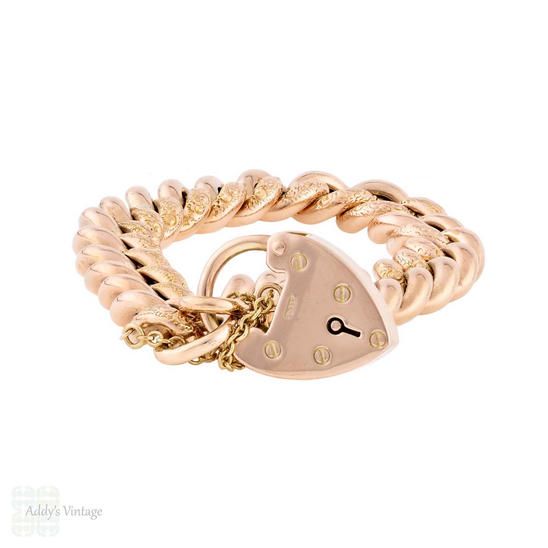 Antique 9ct Rose Gold Day & Night Curb Bracelet With Heart Padlock ...