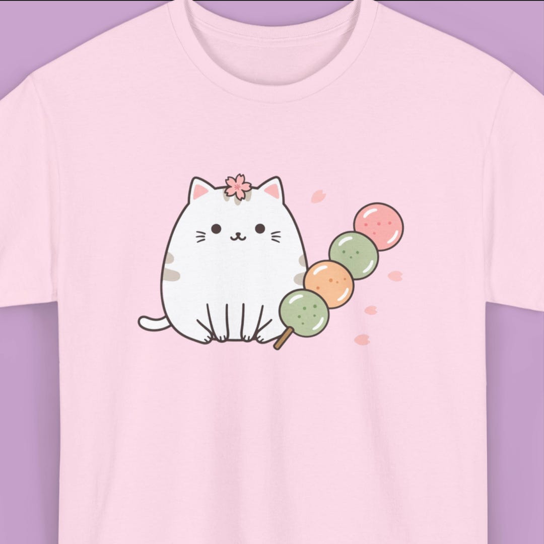 Japanese Kawaii Cat With Mochi Heavy Cotton T-shirts, Cute Anime Dango ...