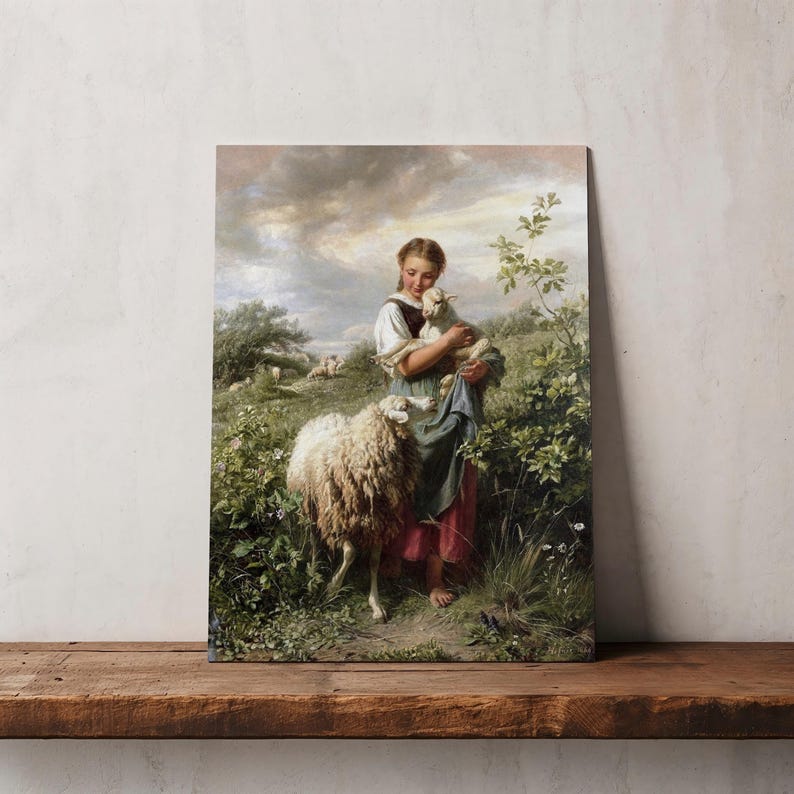 Vintage Shepherdess Print | Girl With Lambs Art PRINTABLE, Sheep ...