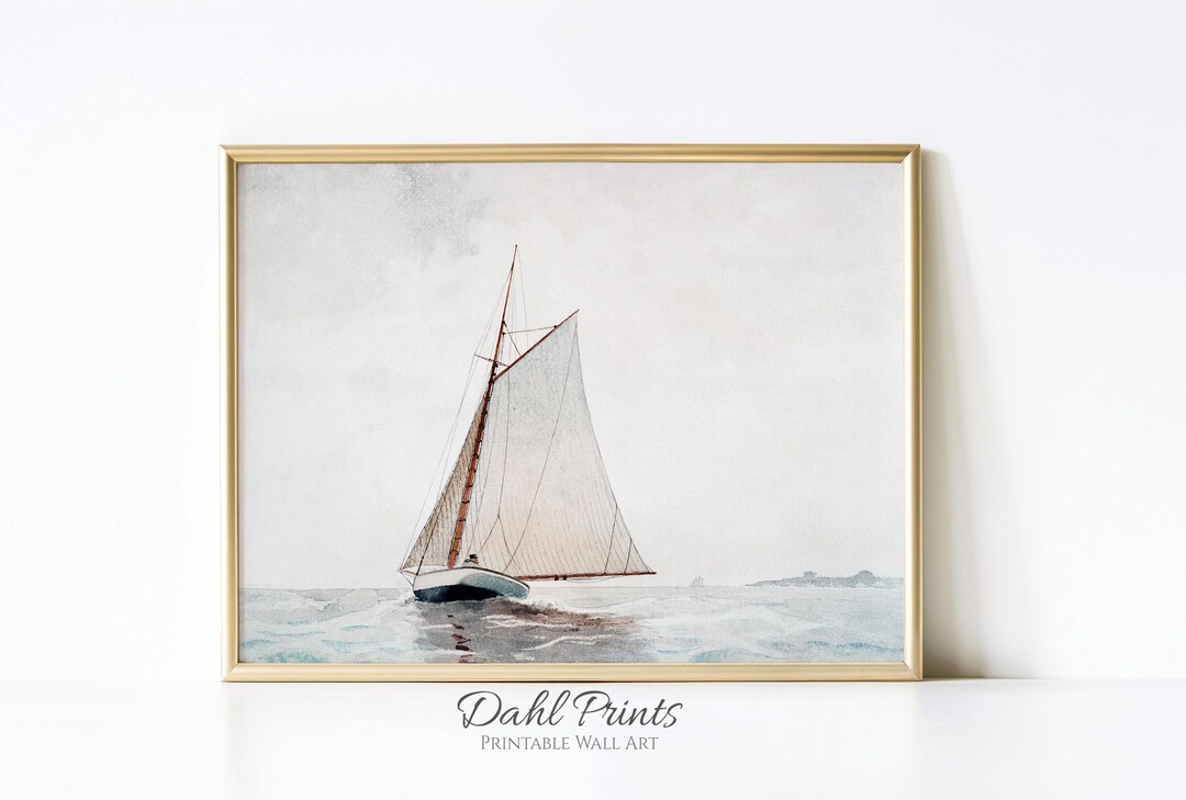 Vintage Muted Sailboat Watercolor PRINTABLE, Nautical Seascape Painting ...