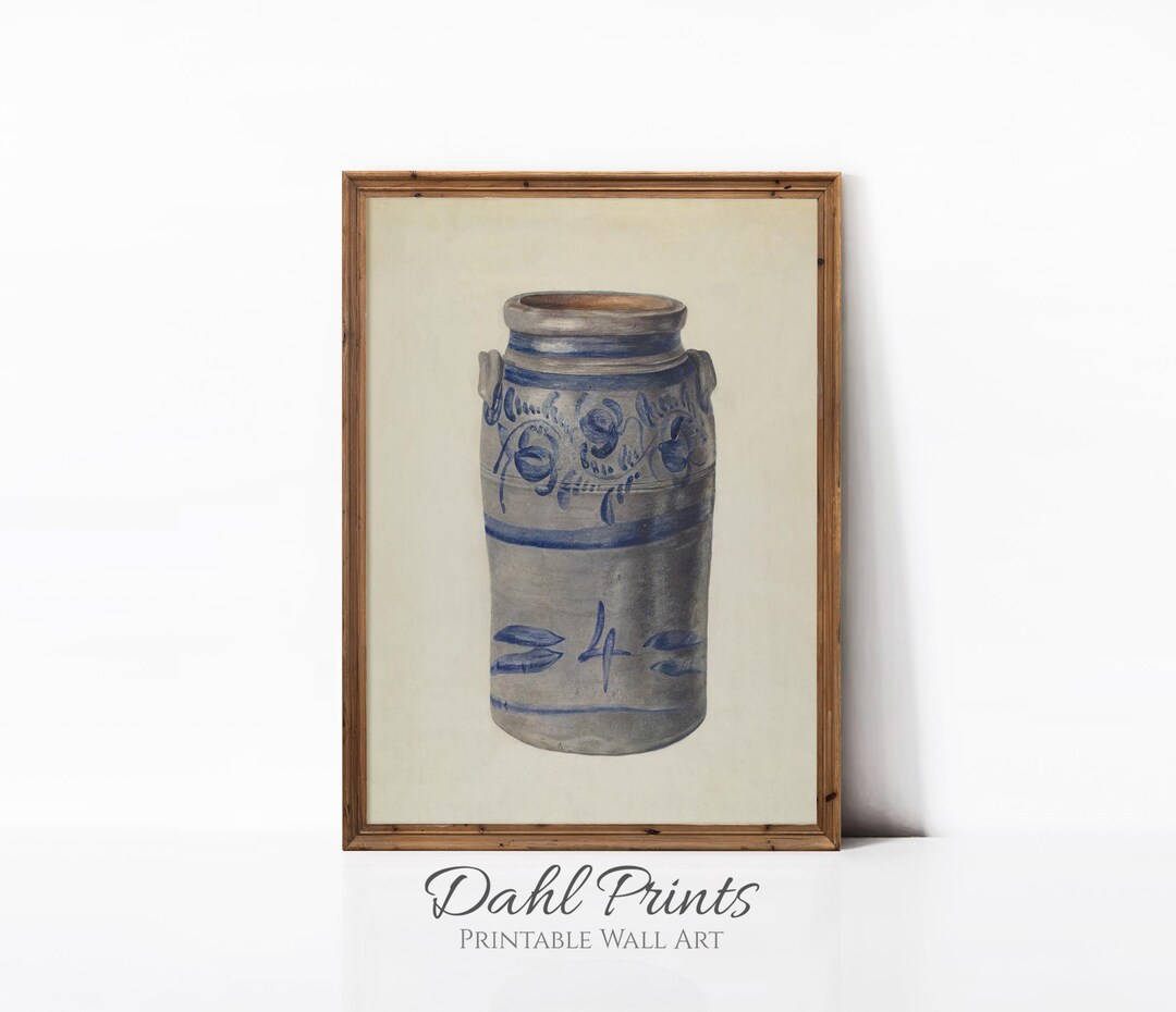 Vintage Still Life Crock Drawing, Farmhouse Kitchen Print, Neutral Wall ...