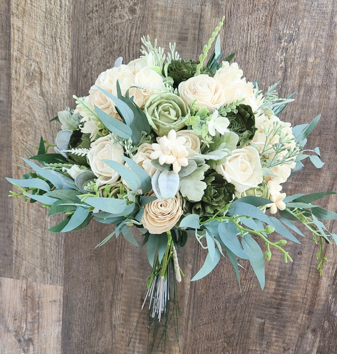 Olive Green and Sage Wedding Bride Bouquet, Wood Flower Greenery ...