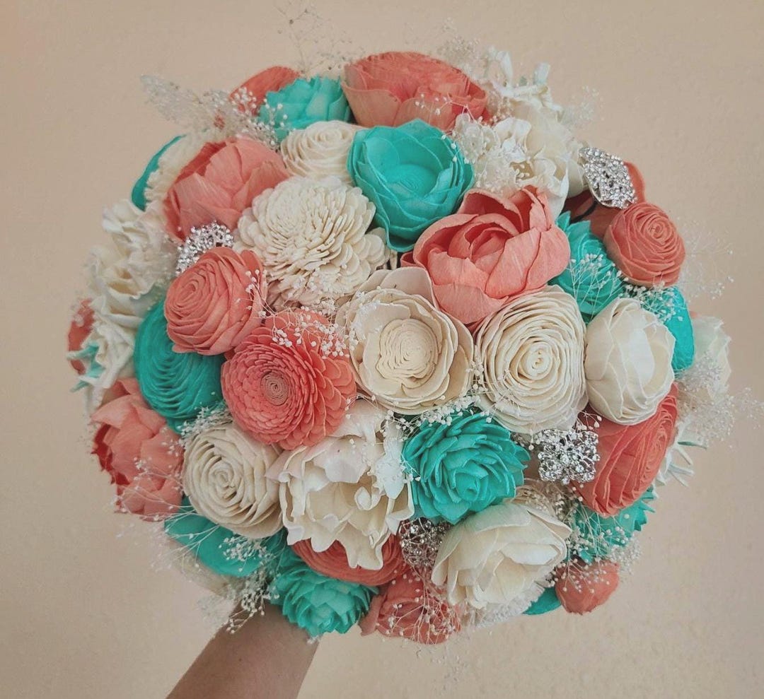 Coral and Aqua Blue Wood Flower Bouquet for Brides, Bridesmaid Bouquet ...