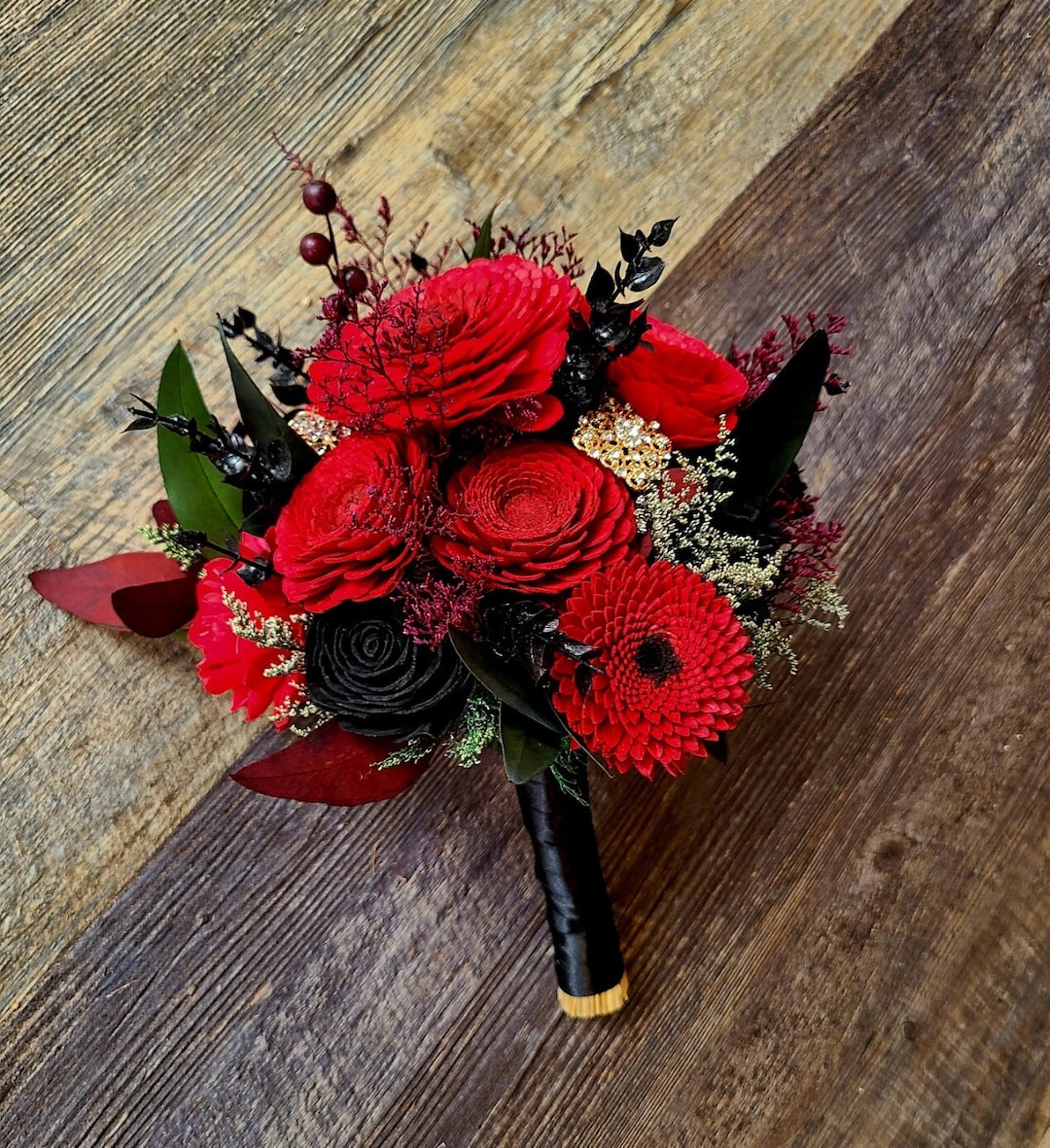 Red and Black Prom Bouquet, Zinnia Bouquet, Wood Flowers for Events ...