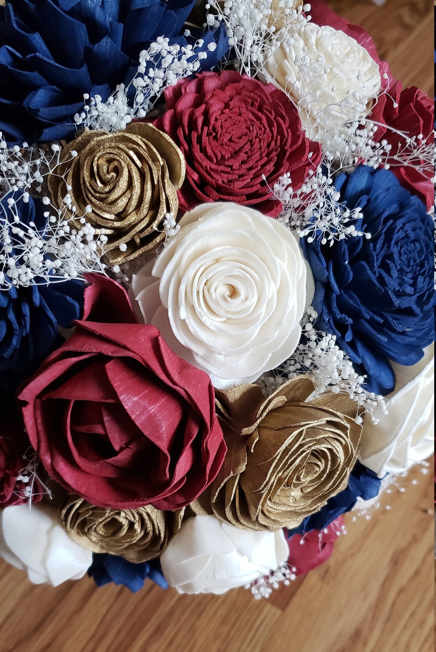 Burgundy and Gold Sola Flower Bouquet, Wooden Bouquet, Navy and ...