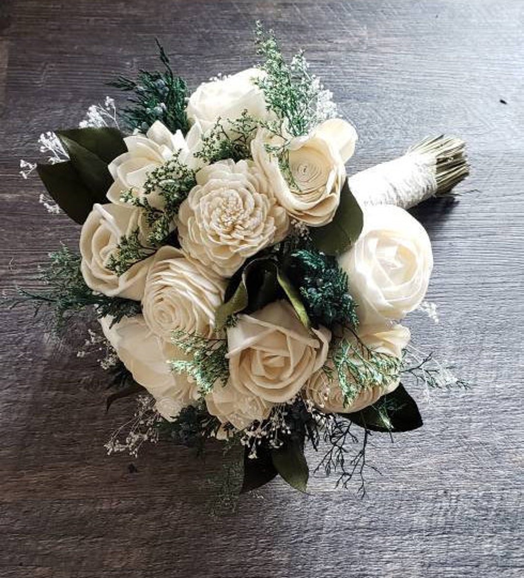 Ivory and Greenery Bouquet, Winter Evergreen Bouquet, Sola Wood Flower ...