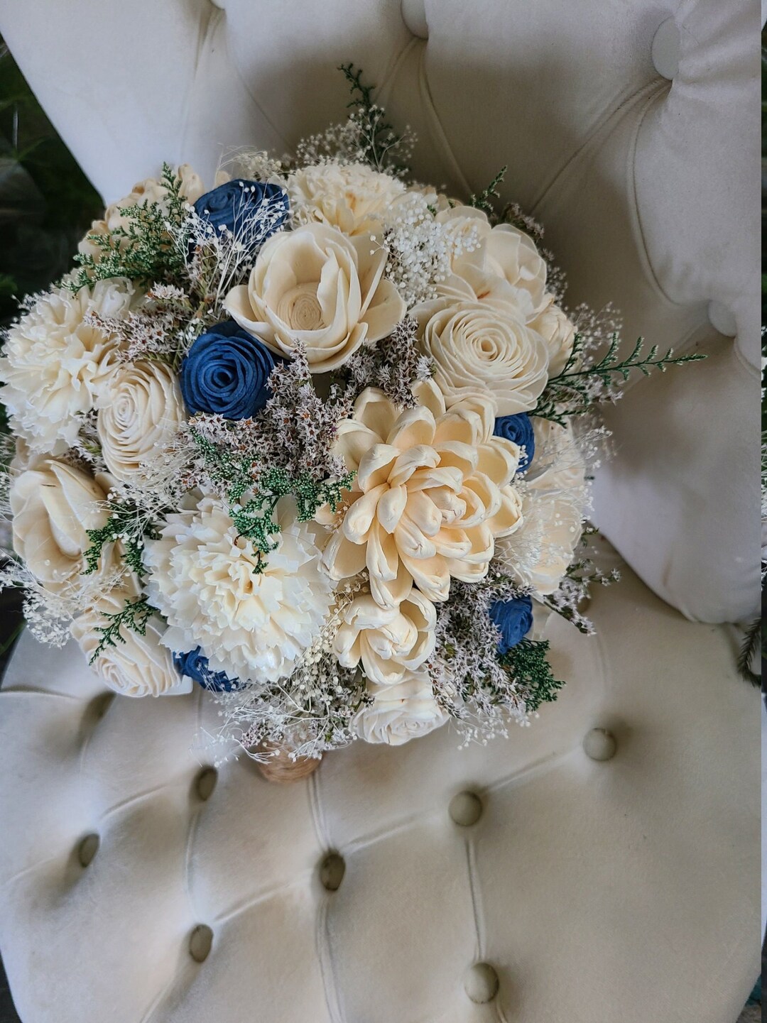 Steel Blue and Greenery Bouquet, Dusty Blue Sola Flower, Bridal Bouquet ...