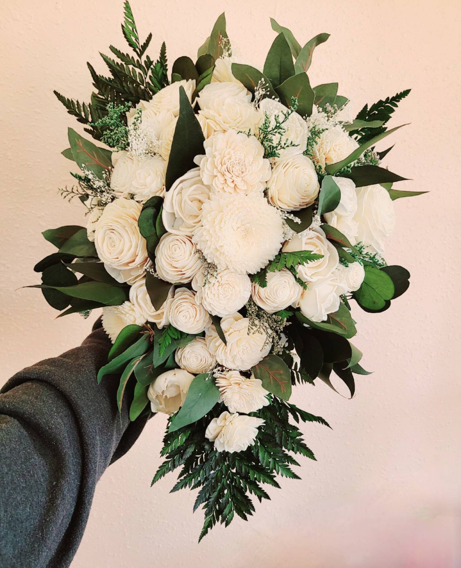 Cascading Bridal Bouquet, White Cascade, Sola Flower Bouquet With Dark ...