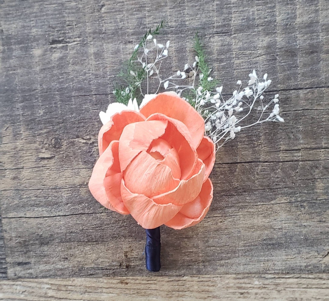 Coral Peony Boutonniere, Wedding Party Flowers, Sola Wood Flower - Etsy