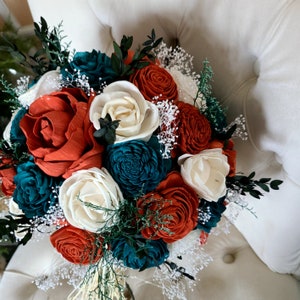 Teal and Orange Bouquet, Wood Flowers Bouquet, Rust and Dark Teal ...