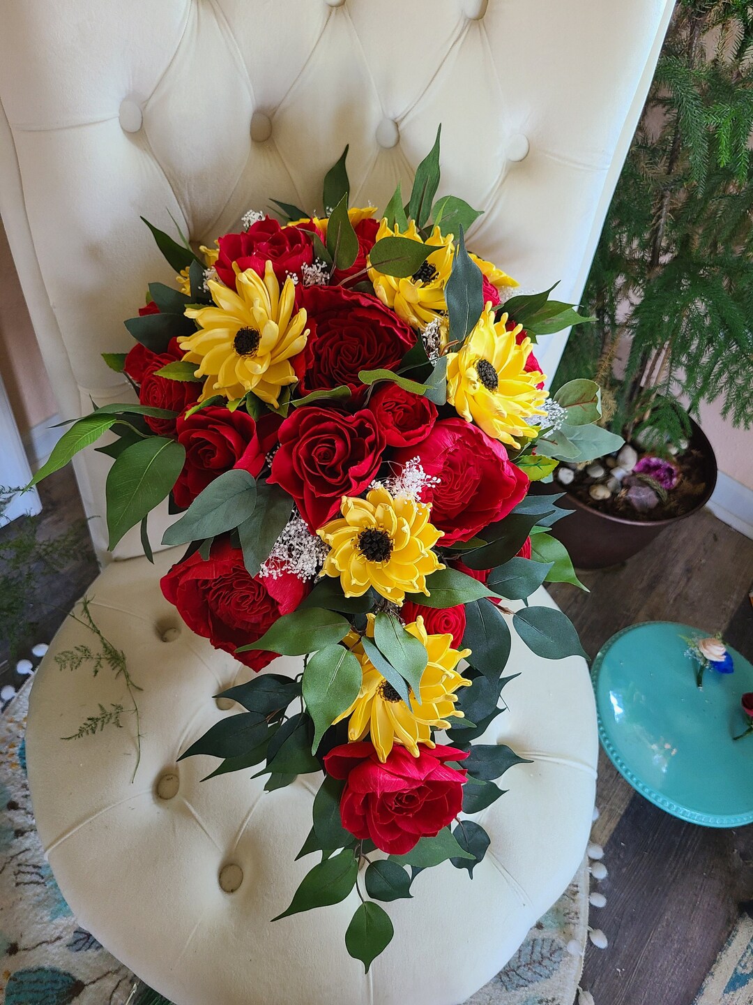 Red Rose and Sunflower Wood Flower Cascading Bouquet - Etsy