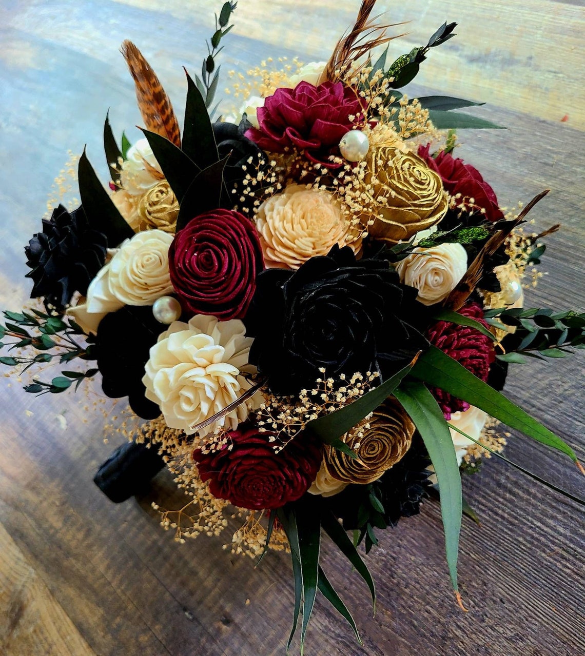 Wine, Black, and Gold Wood Flower Bouquet With Moody Tones and Pheasant ...