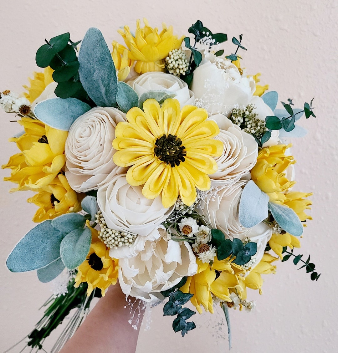 Sunflower and Sage Wood Wedding Bouquet With Eucalyptus - Etsy
