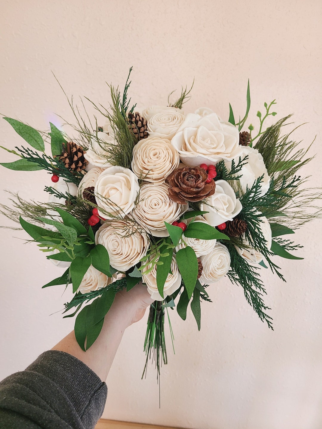 Ivory and Berry Sola Flower Bouquet, Winter Wedding Bouquet, Bridal ...