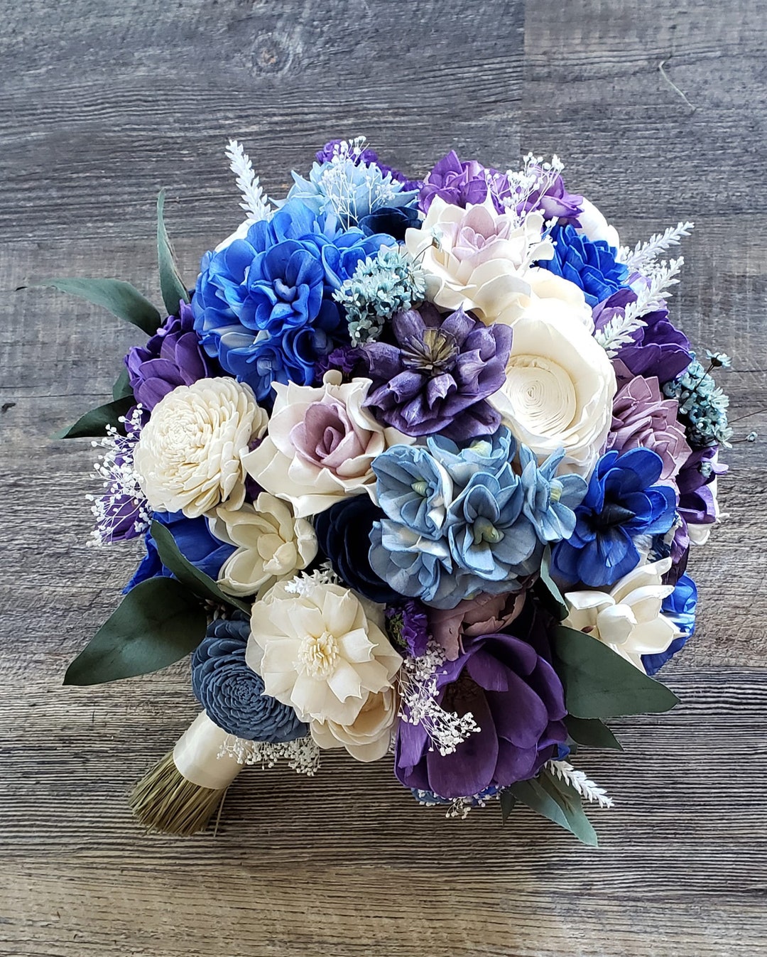 Blue and Purple Book Flower Wood Bouquet, Winter Bride Bouquet, Royal ...
