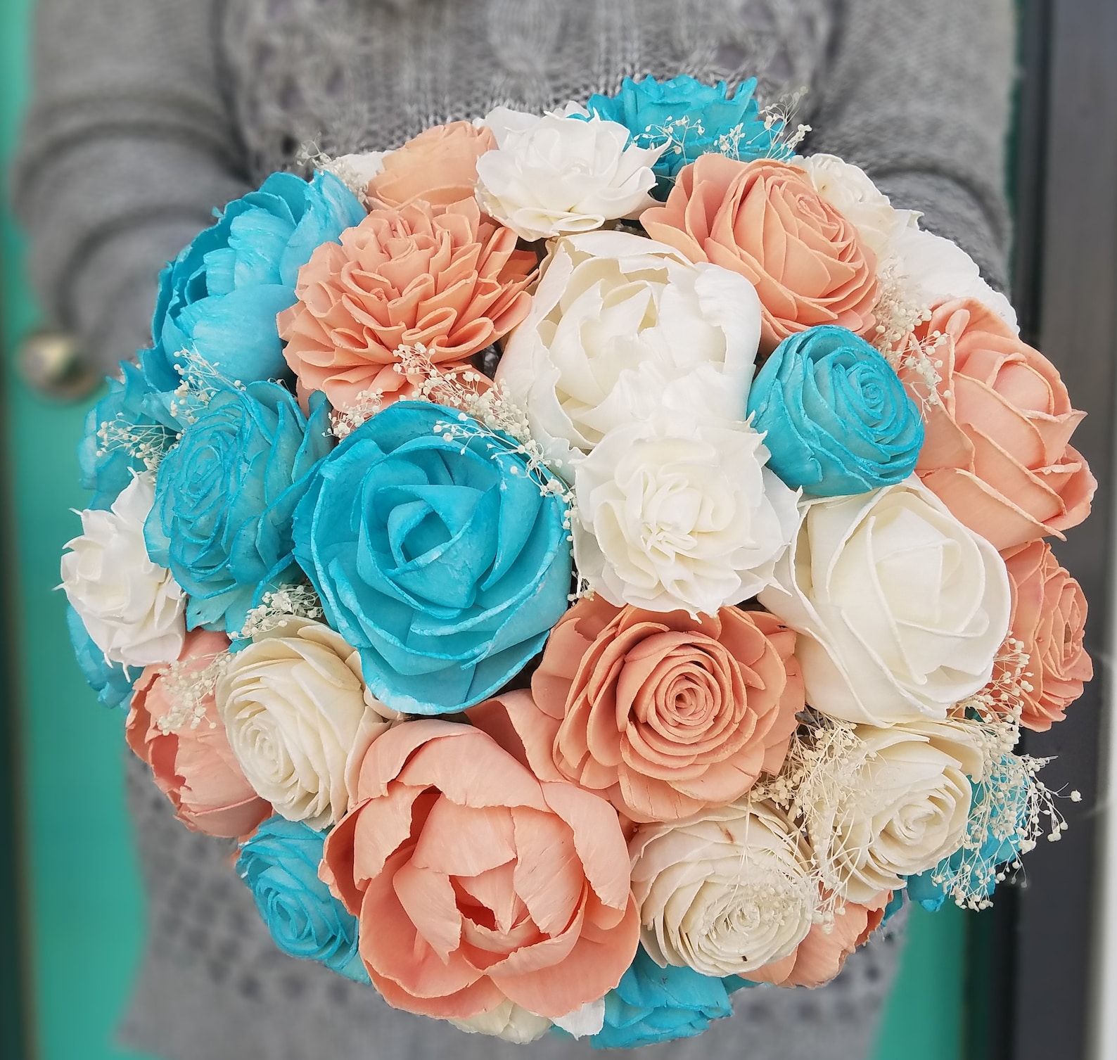 Blue and Coral, Turquoise and Coral Bouquet, Sola Flower Bouquet, Beach ...