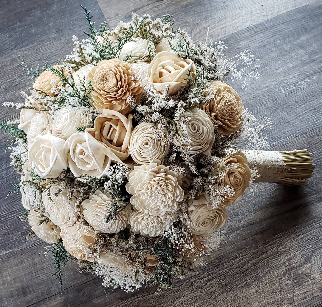 Winter Sola Flower Bouquet, Champagne Wedding Flowers for Bride ...