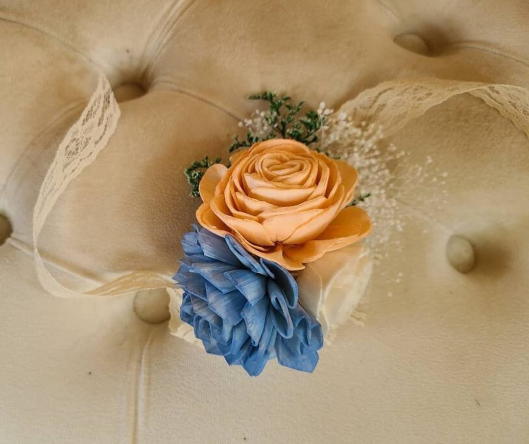 Peach and Dusty Blue Corsage, Sola Wood Flower Corsage, Fall Wedding ...